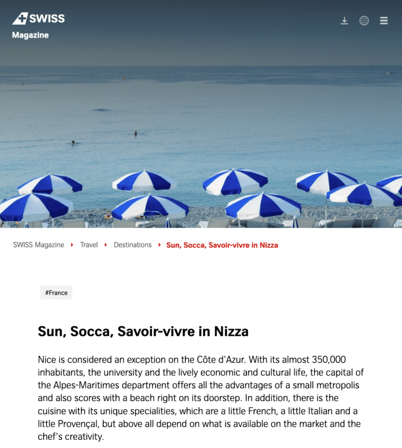 Nice, Sun, Socca & Savoir-Vivre dans Swiss Magazine | Nice Côte d'Azur